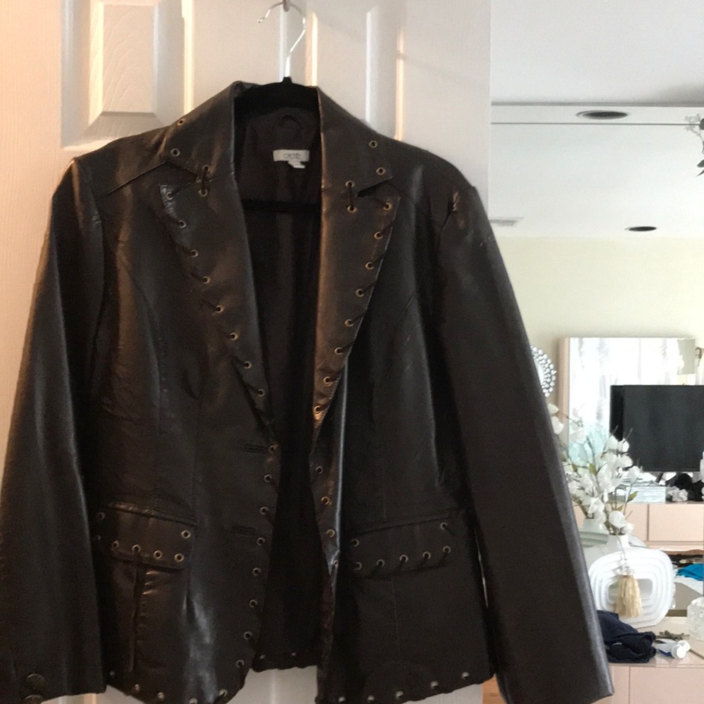 Brown Fake Leather Jacket With Lace Trim - Gem
